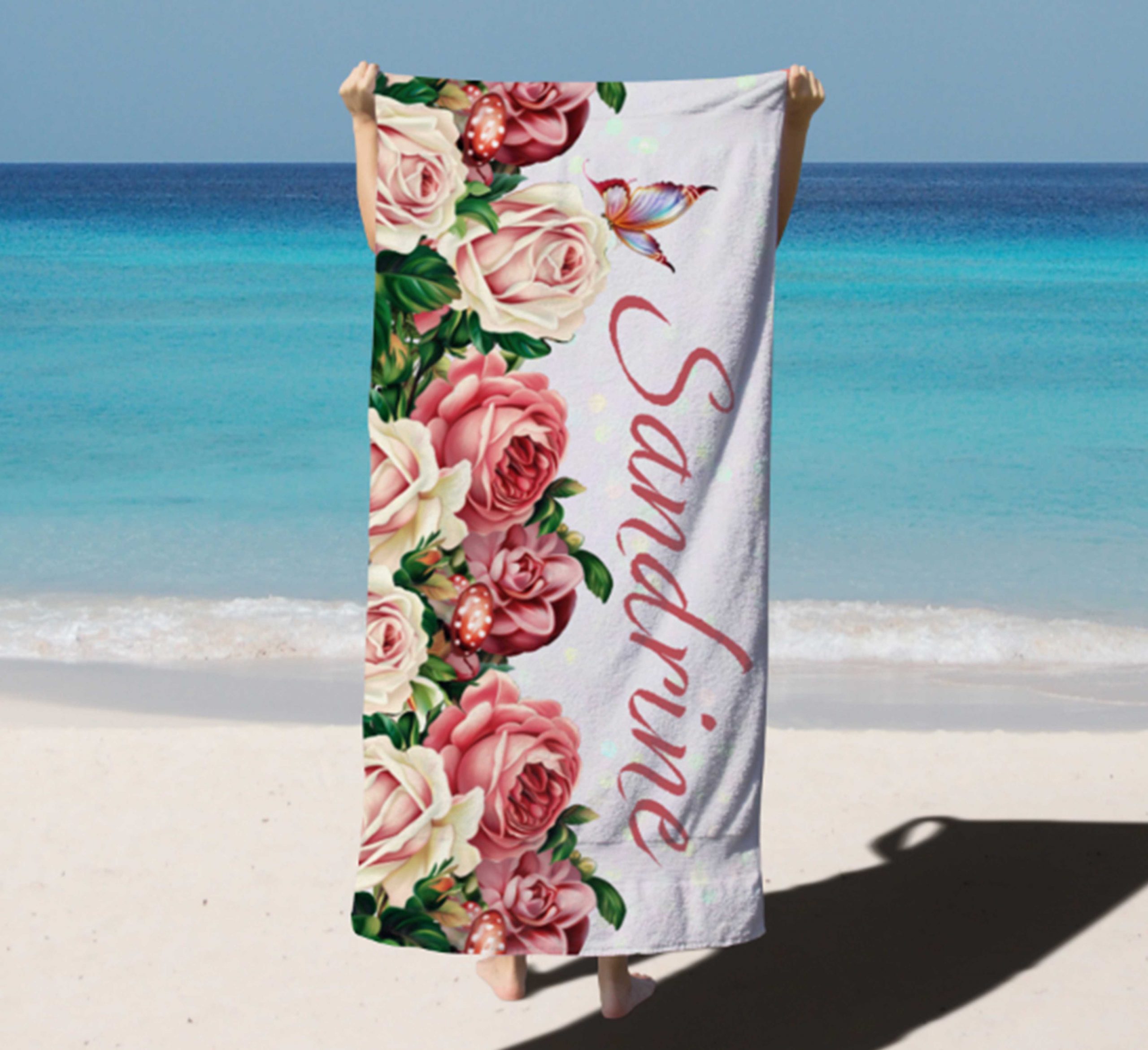 Serviette de plage personnalisée - Fleur rose - Cadeau Québec